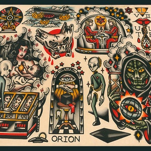 Sheet #4 Alien / Ufo Traditional Tattoo Flash Print (11x14) (alien ...