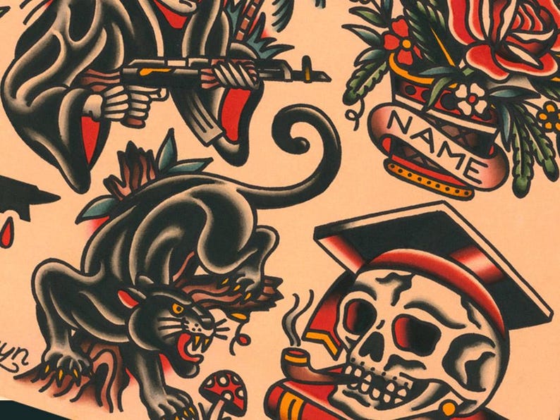 American Traditional Tattoo Flash Sheet: Jungle Reaper, Geisha, Skull ...