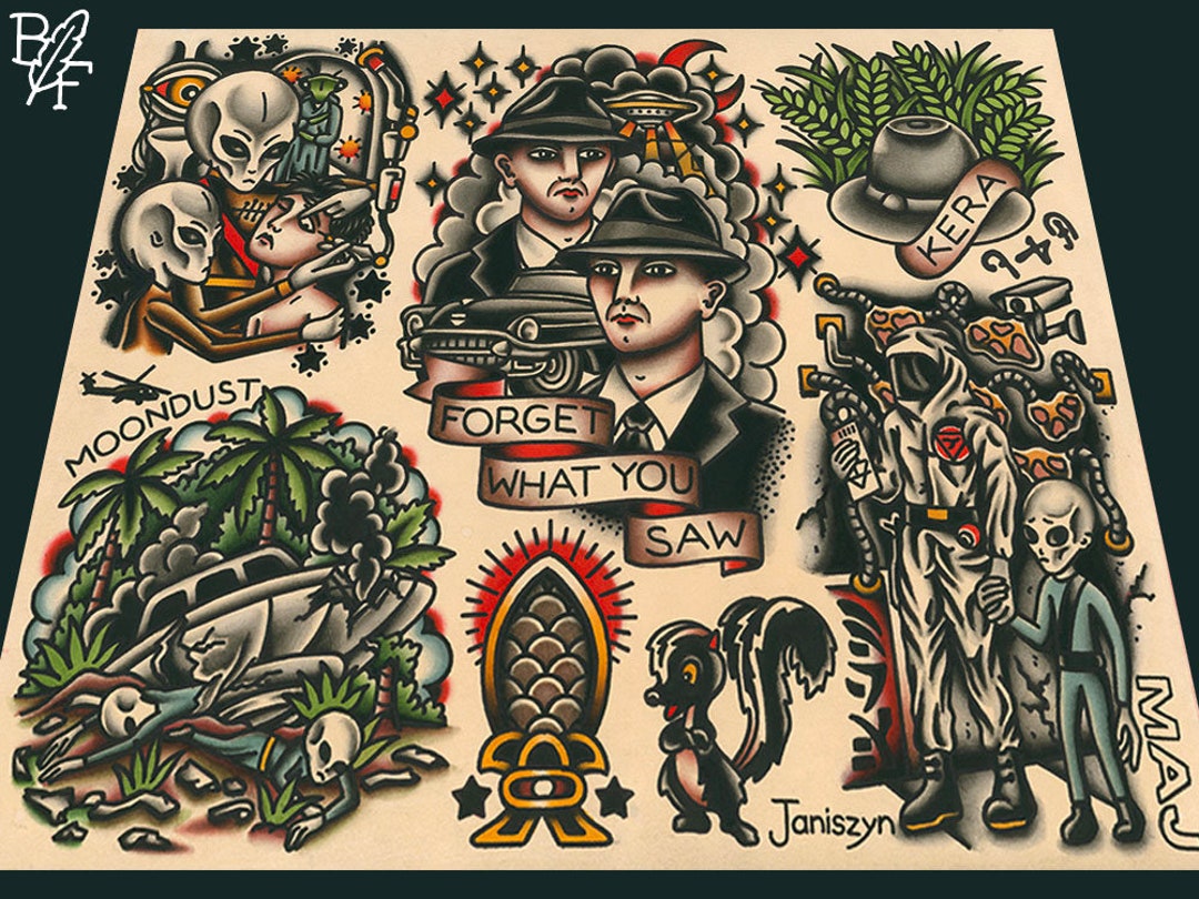 Sheet #2 Alien / Ufo Traditional Tattoo Flash Print (11x14) (alien ...