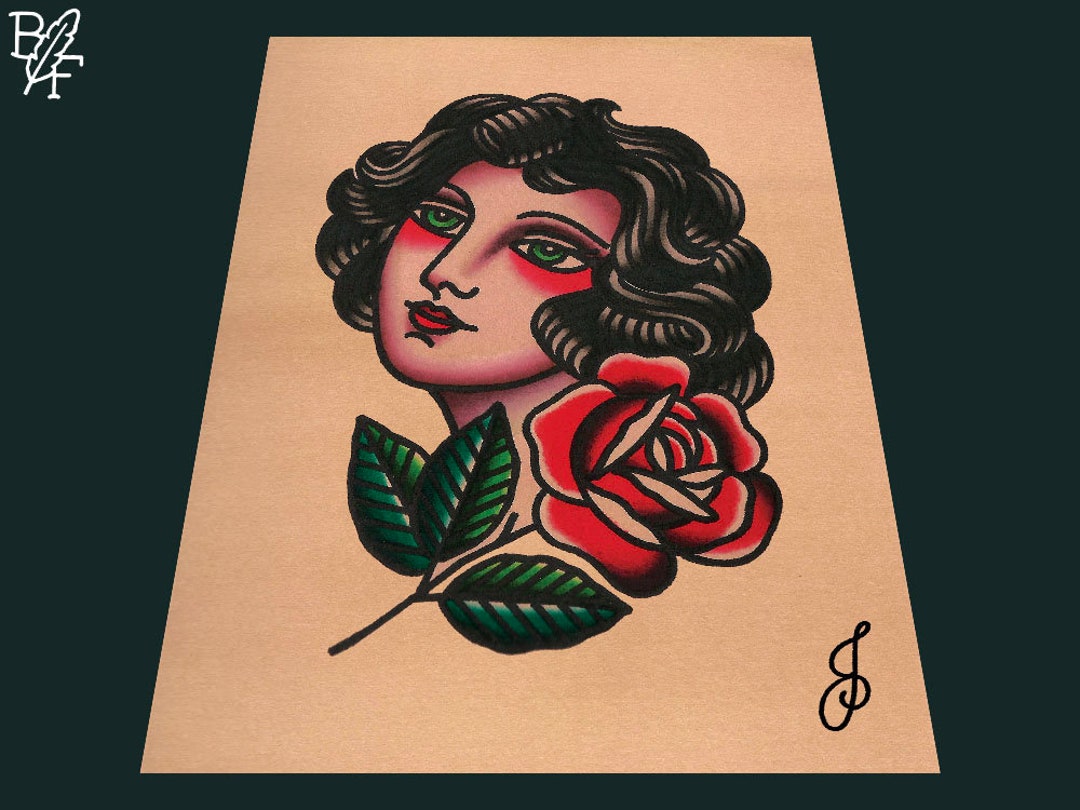 Girl and Rose Traditional Tattoo Flash Art Print (5x7) - Etsy