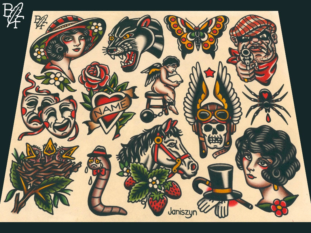Traditional Tattoo Flash Sheet "ladies, Love, and Danger" (11x14) - Etsy