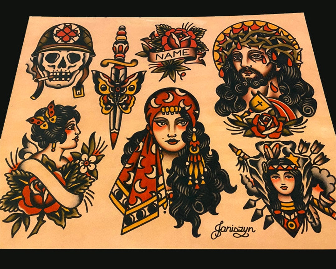 Medic and Gypsy Traditional Tattoo Flash Sheet 11x14 skull - Etsy