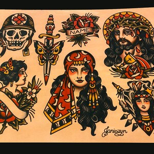 Medic and Gypsy Traditional Tattoo Flash Sheet 11x14 skull - Etsy