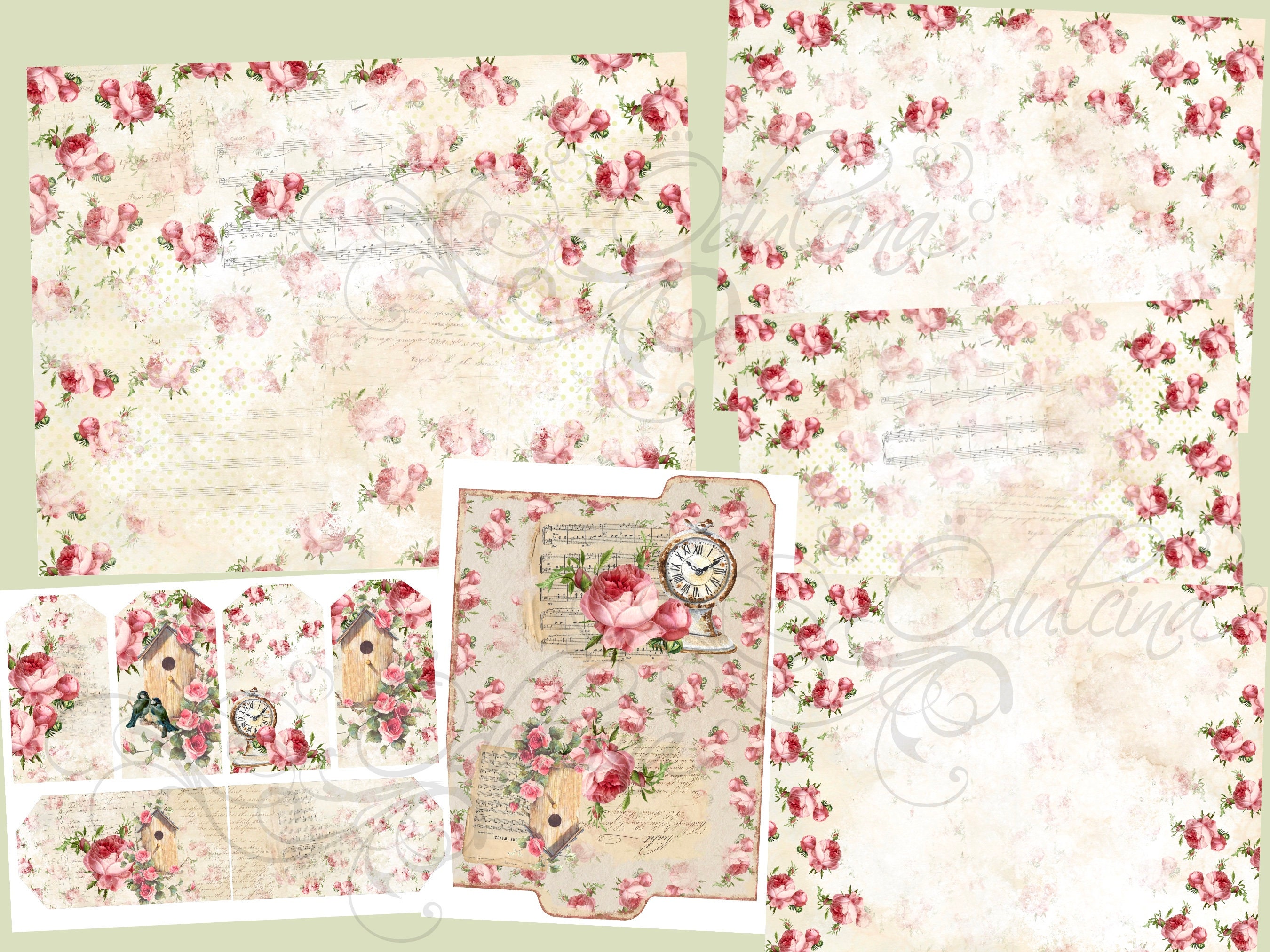 Birds & Roses, Shabby Chic and Antique Style Papers - Printable for ...