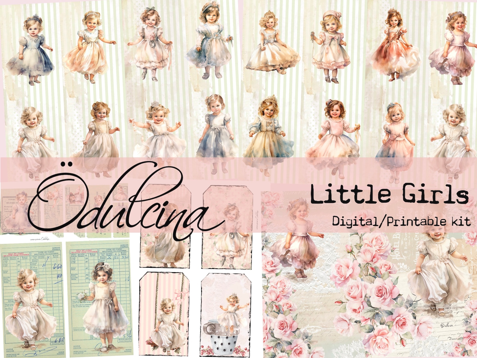 Little Girls Digital Set, Printable, Watercolor Style Girls, Junk ...
