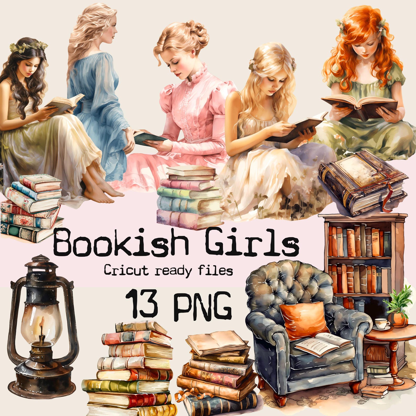 Bookish Girls, PNG Files Ready for Cricut Machine, Junk Journal ...
