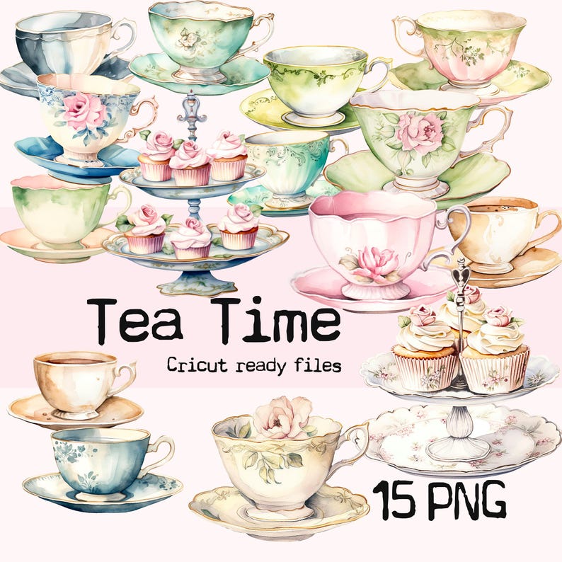 Tea Time, PNG Files Ready for Cricut Machine, Junk Journal Ephemera ...