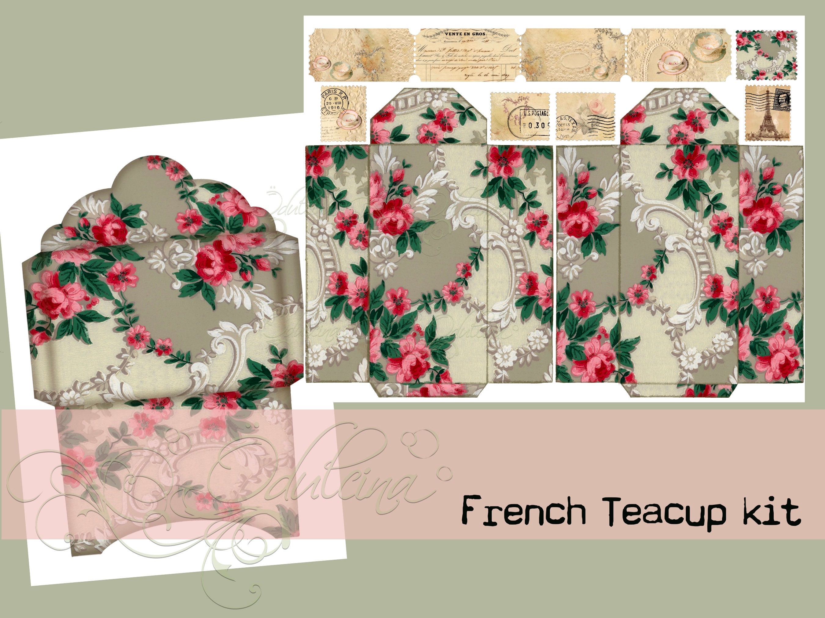 French Teacup Kit, Digital Download - Antique Papers - Printable for ...