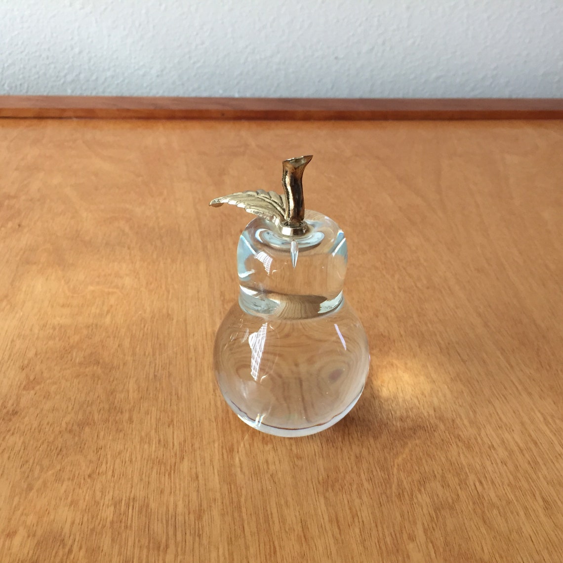 Vintage Glass Art Paperweight Pear With Antique Brass Leaf - Etsy