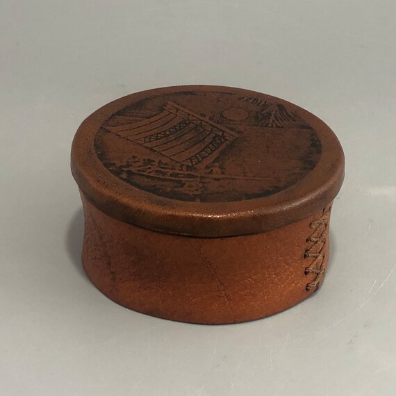 Leather Trinket Box - Island Sail Boat Scene - Gem