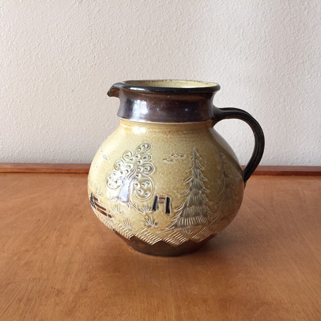 Large Pottery Art Pitcher - Etched Cabin Design - Signed by Artist ...