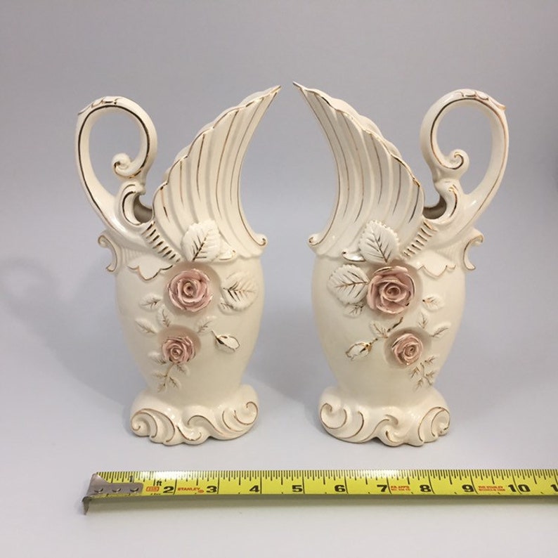 Beautiful Ceramic Sister Vases With Pink Roses and Gold Accent | Etsy