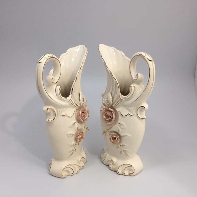 Beautiful Ceramic Sister Vases With Pink Roses and Gold Accent | Etsy