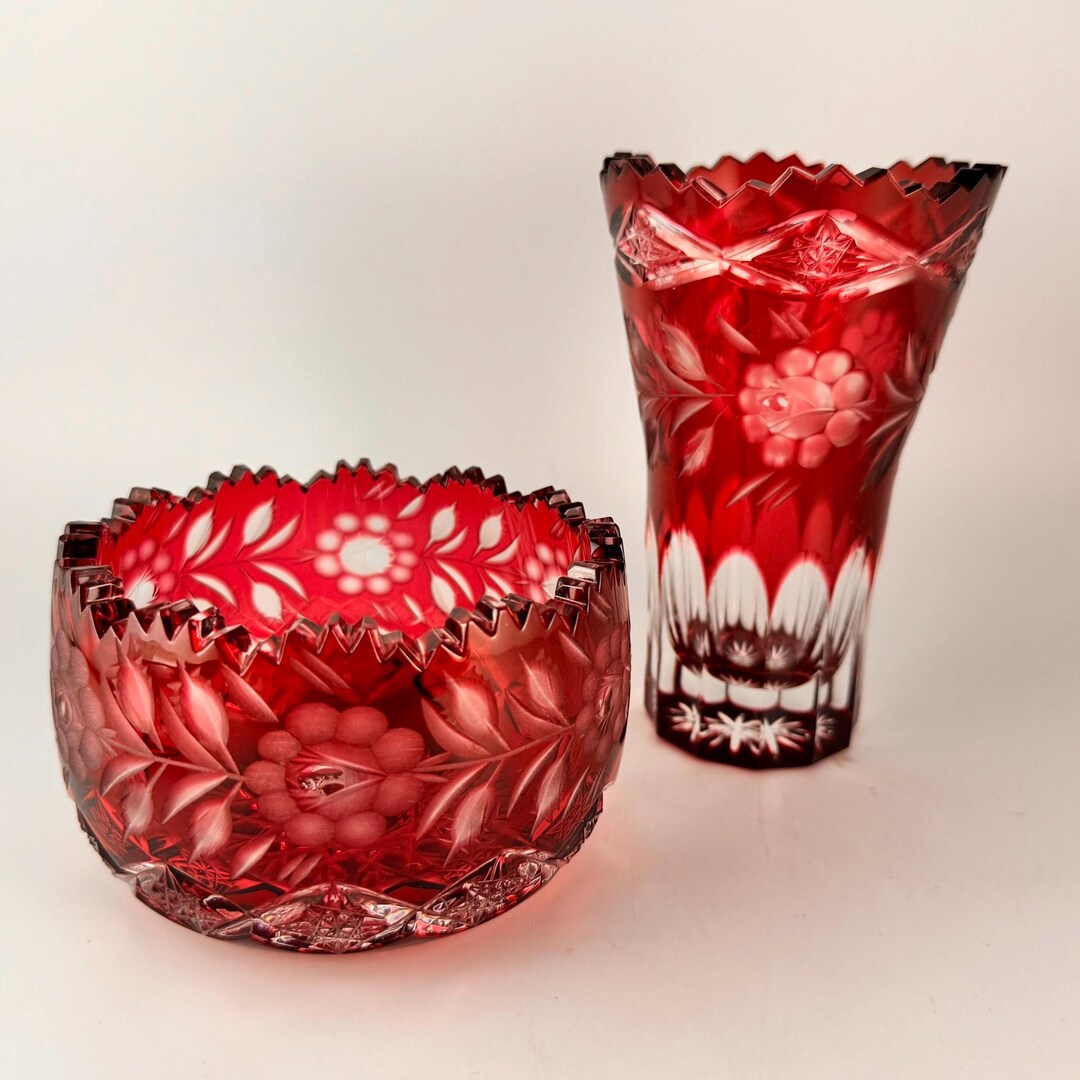 Crystal Clear Ruby Red Vase Set - Handcut 24% Lead Crystal From Hungry ...
