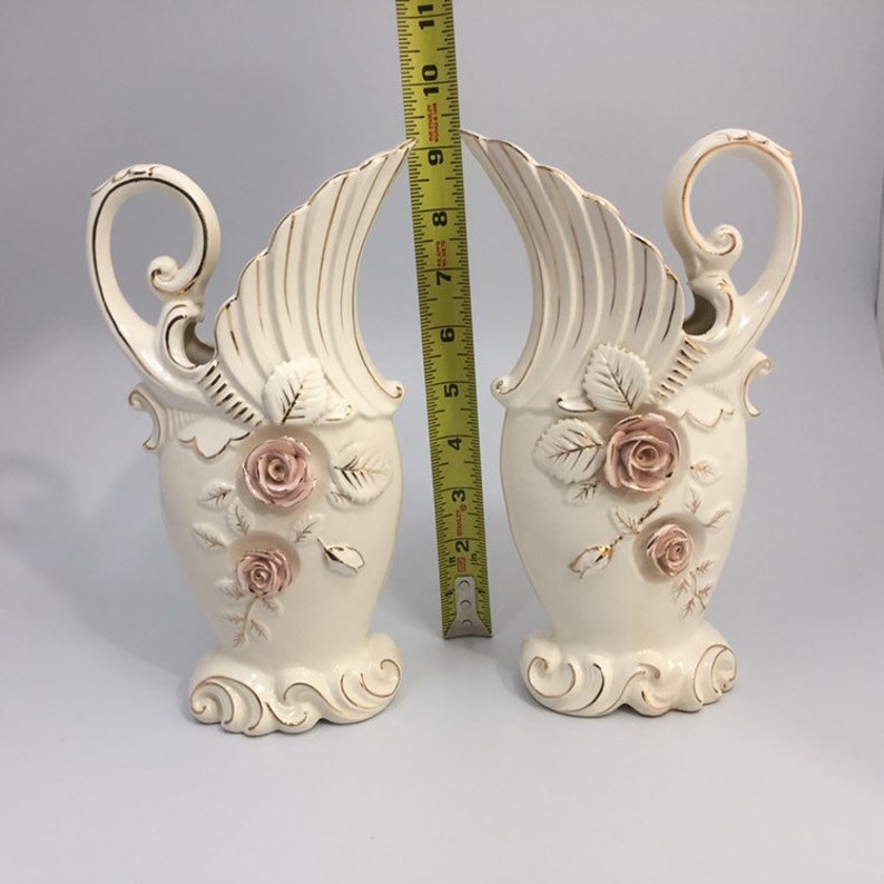 Beautiful Ceramic Sister Vases With Pink Roses and Gold Accent | Etsy