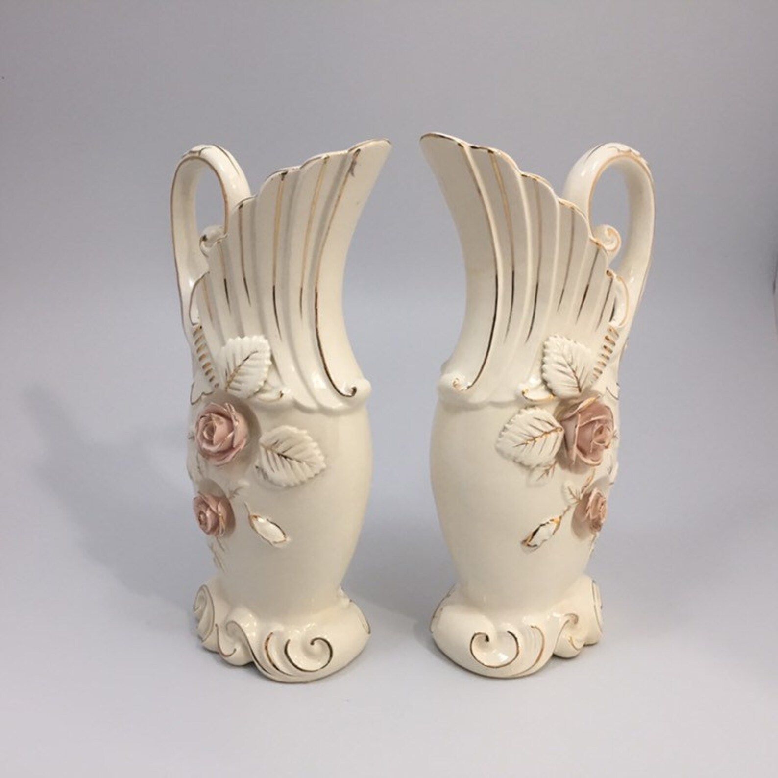 Beautiful Ceramic Sister Vases With Pink Roses and Gold Accent - Etsy