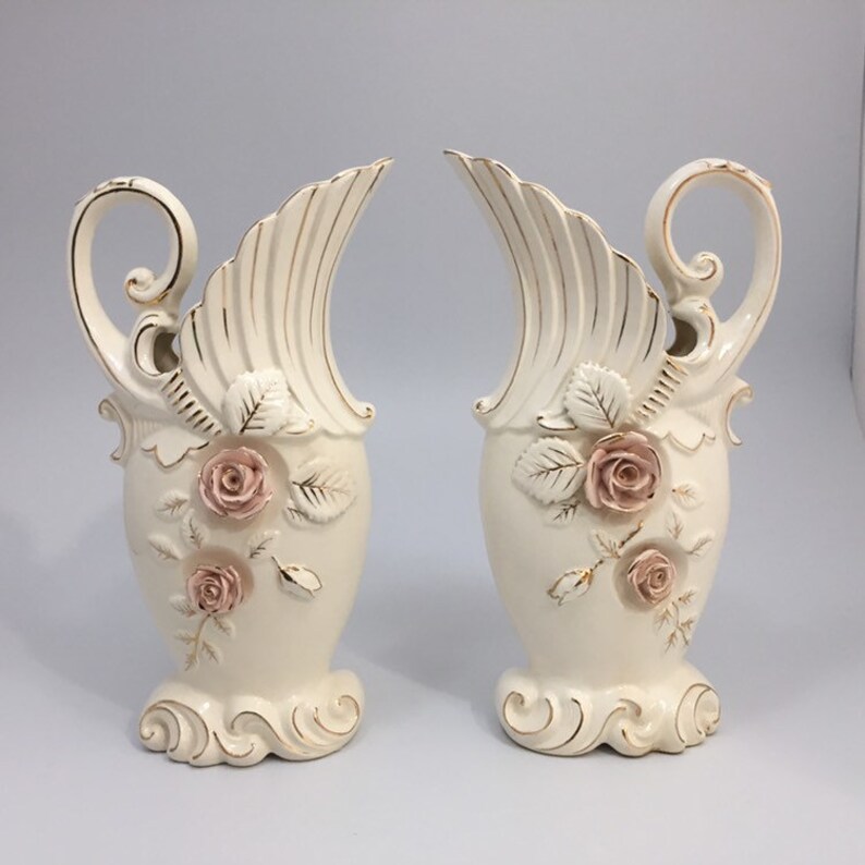 Beautiful Ceramic Sister Vases With Pink Roses and Gold Accent | Etsy
