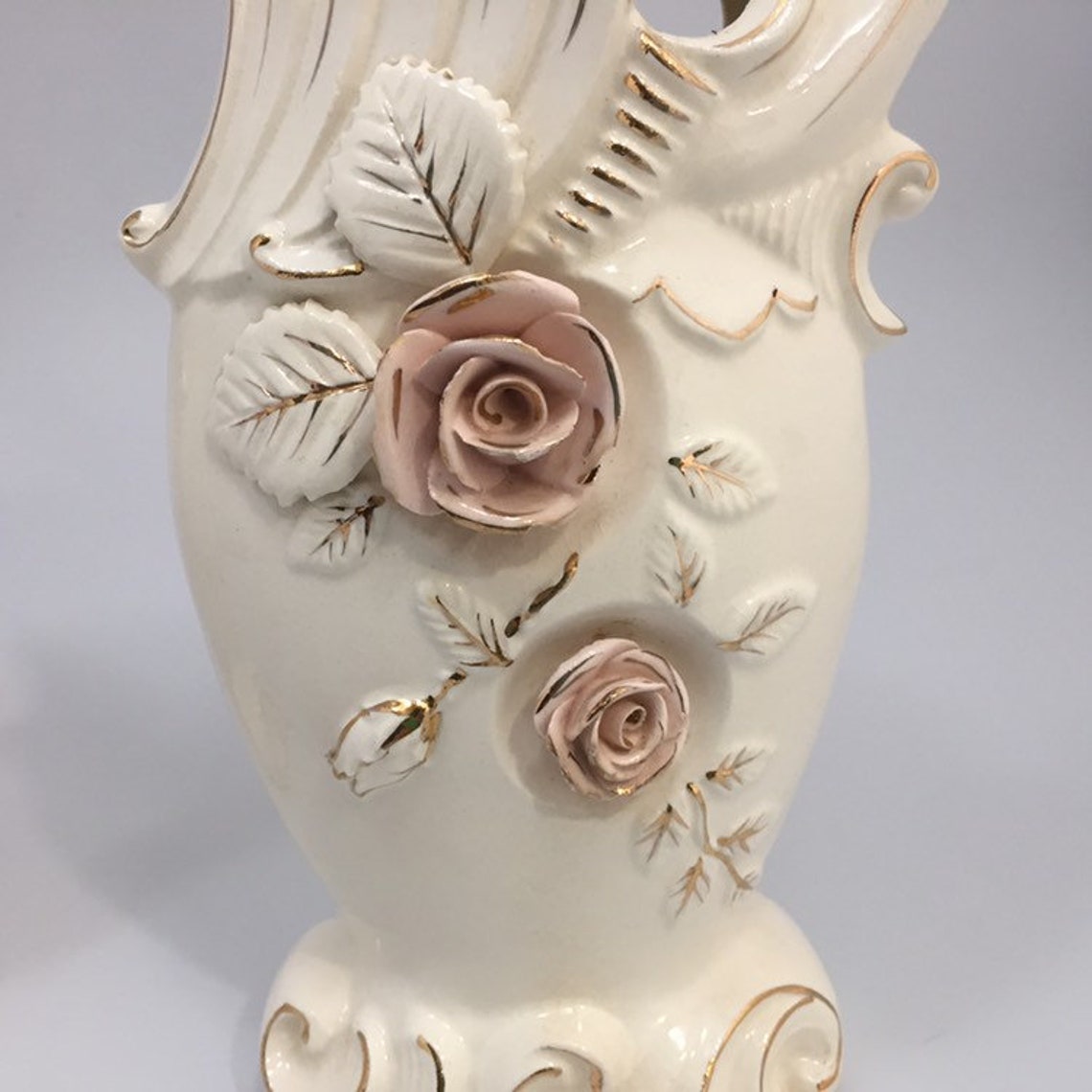 Beautiful Ceramic Sister Vases with Pink Roses and Gold Accent | Etsy