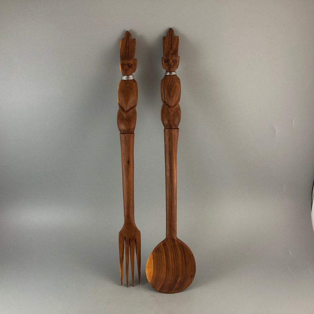 African Carved Wood Fork and Spoon Serving Utensils - Etsy
