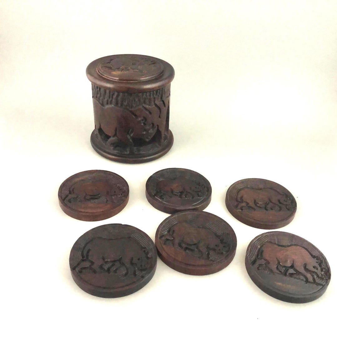 Wood Carved African Art Coasters - Set of Six Rinocerous Wood Coasters ...