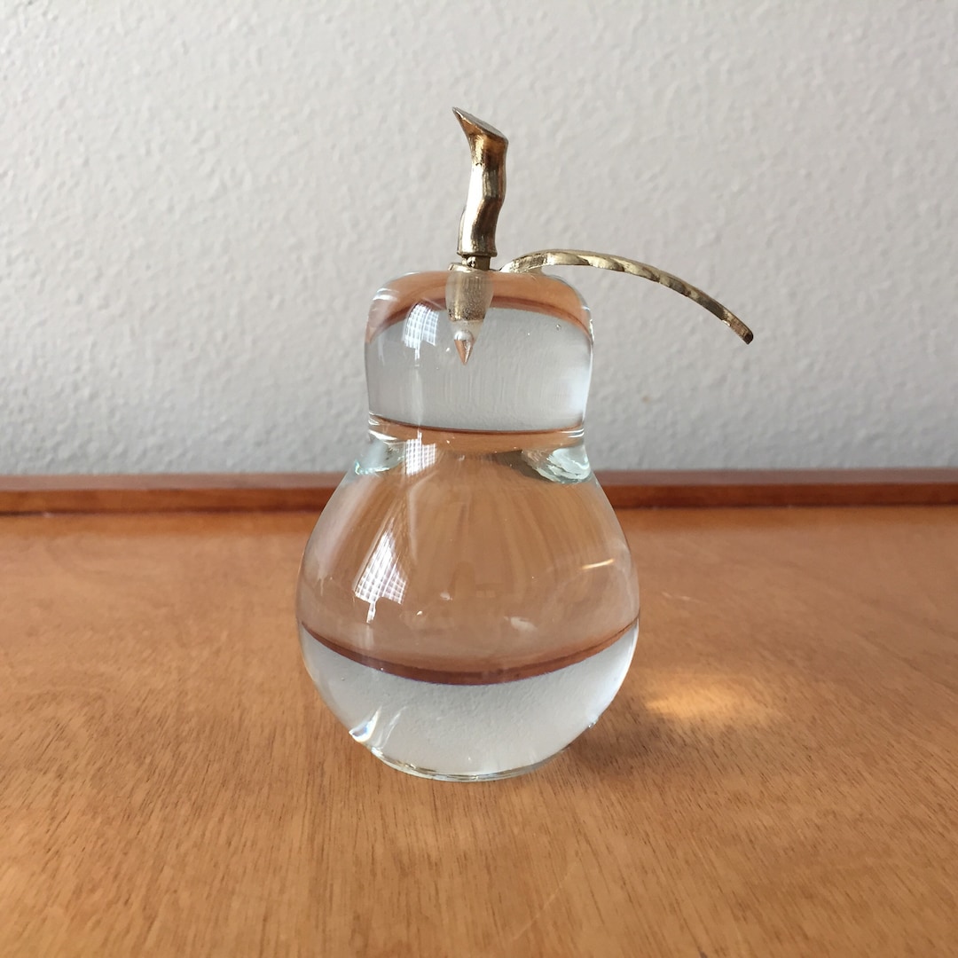 Vintage Glass Art Paperweight Pear With Antique Brass Leaf Pear Glass ...