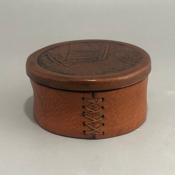 Leather Trinket Box - Island Sail Boat Scene - Gem