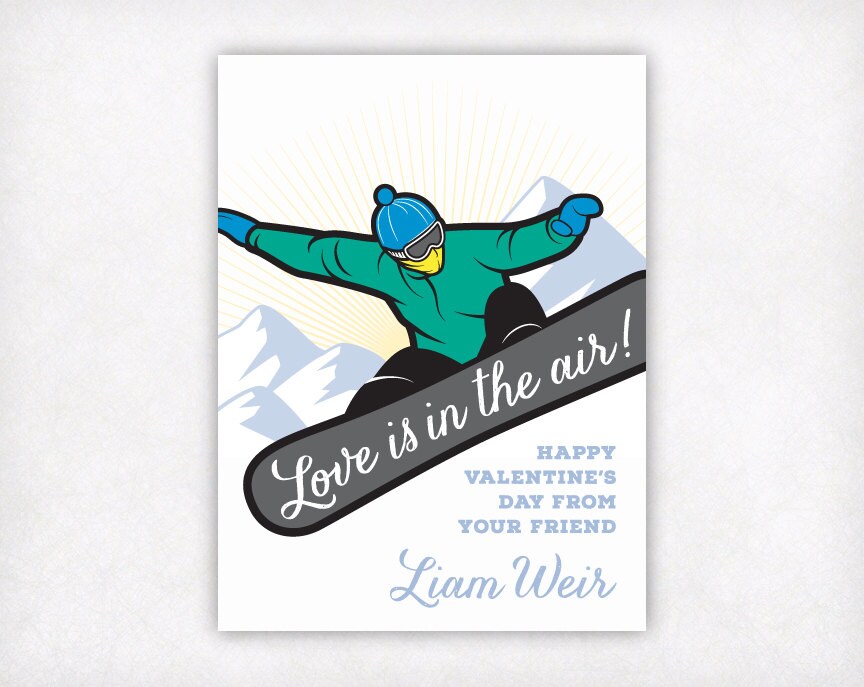 PRINTABLE Personalized Kids Valentine Card Snowboarding - Etsy