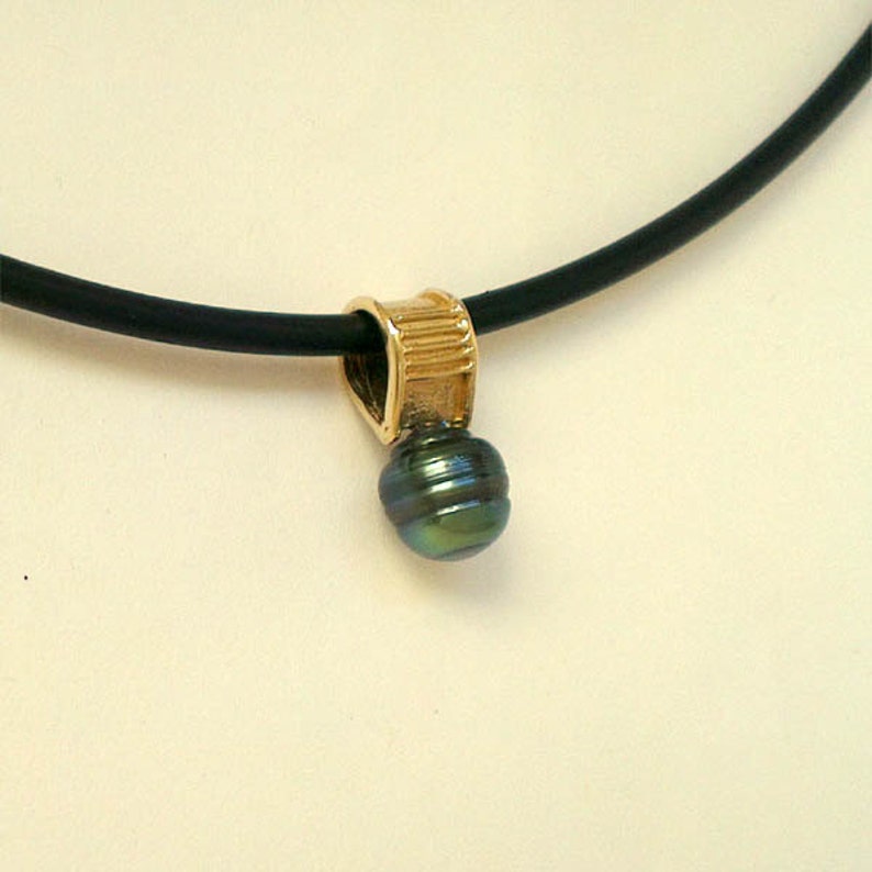 Cook Islands Ringed Drop Black Pearl Pendant With a Fixed, Wide, Lined ...