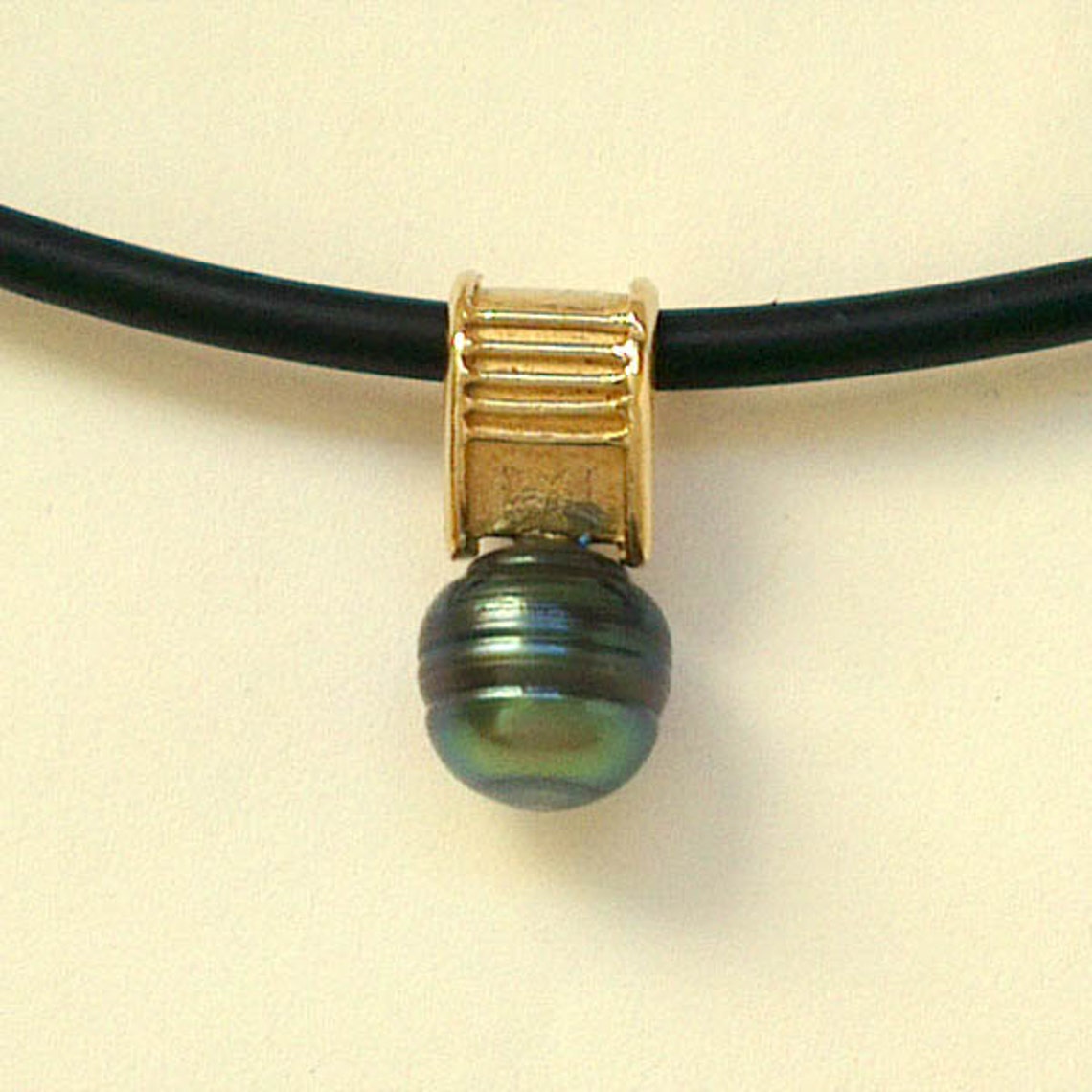 Cook Islands Ringed Drop Black Pearl Pendant With a Fixed, Wide, Lined ...