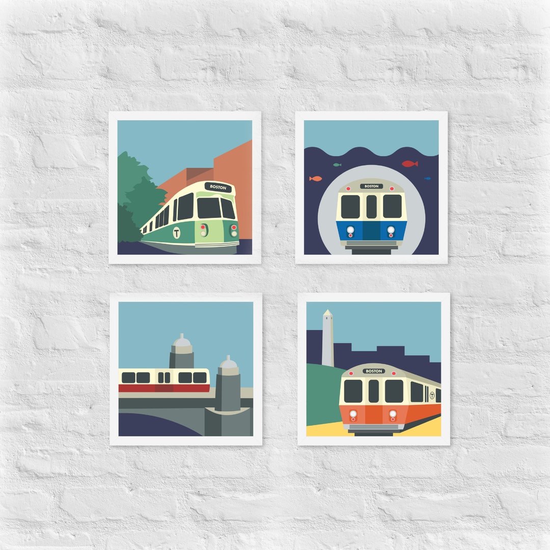 Boston Subway Art Print Set: Colorful MBTA Trains, Framed Gallery Wall ...