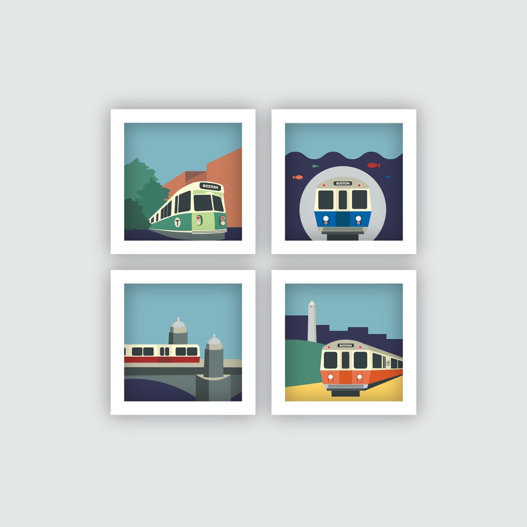 Gallery Set of 4 | 4x4" | Boston Subway Art Prints | the T | Green Red ...