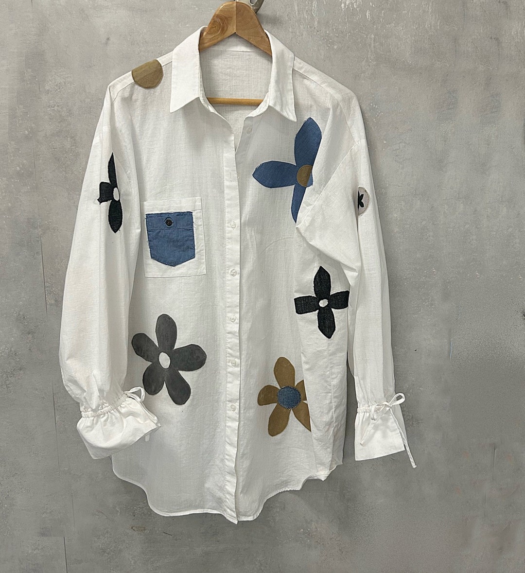 Upcycled White Cotton Shirt, Hand Stitched Patchwork, Floral Design - Etsy
