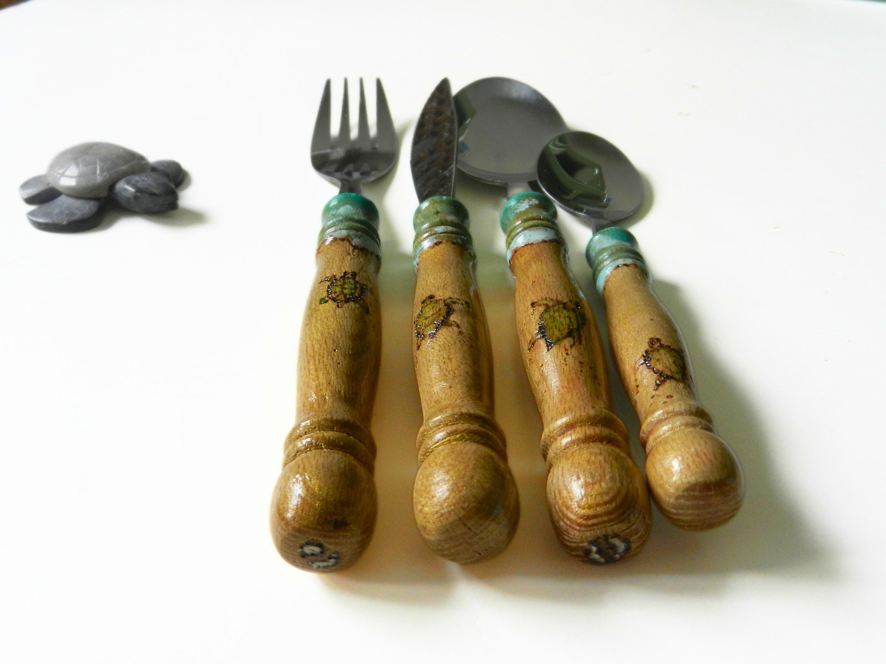 Beach Sea Turtle Wood Silverware Art, Hand Painted Recycled Eco ...