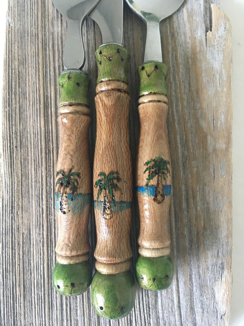Miniature Palm Trees Unique Wood Green Flatware Set. Restored Upcycled ...