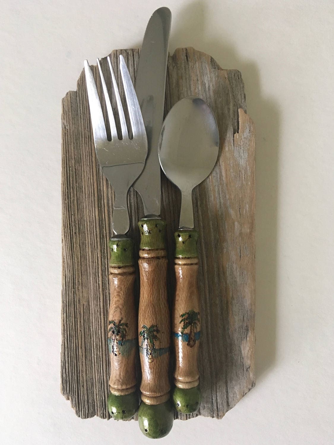 Miniature Palm Trees Unique Wood Green Flatware Set. Restored Upcycled ...