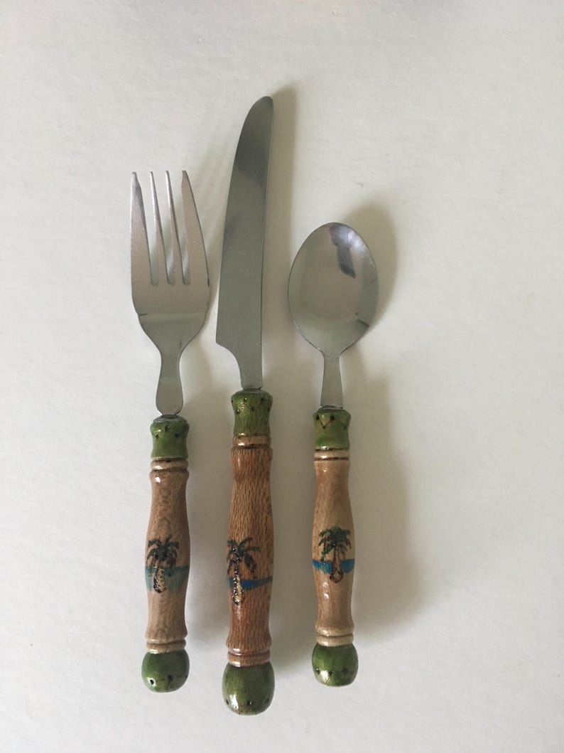 Miniature Palm Trees Unique Wood Green Flatware Set. Restored Upcycled ...