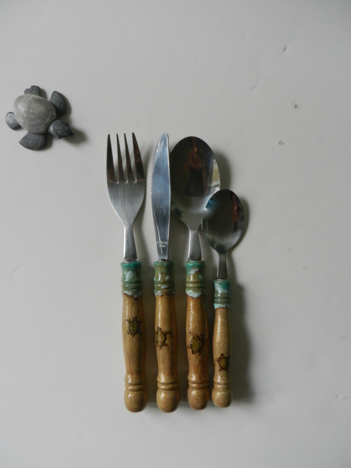 Beach Turtle Wood Silverware Art, Hand Painted 1970's Flatware Set ...