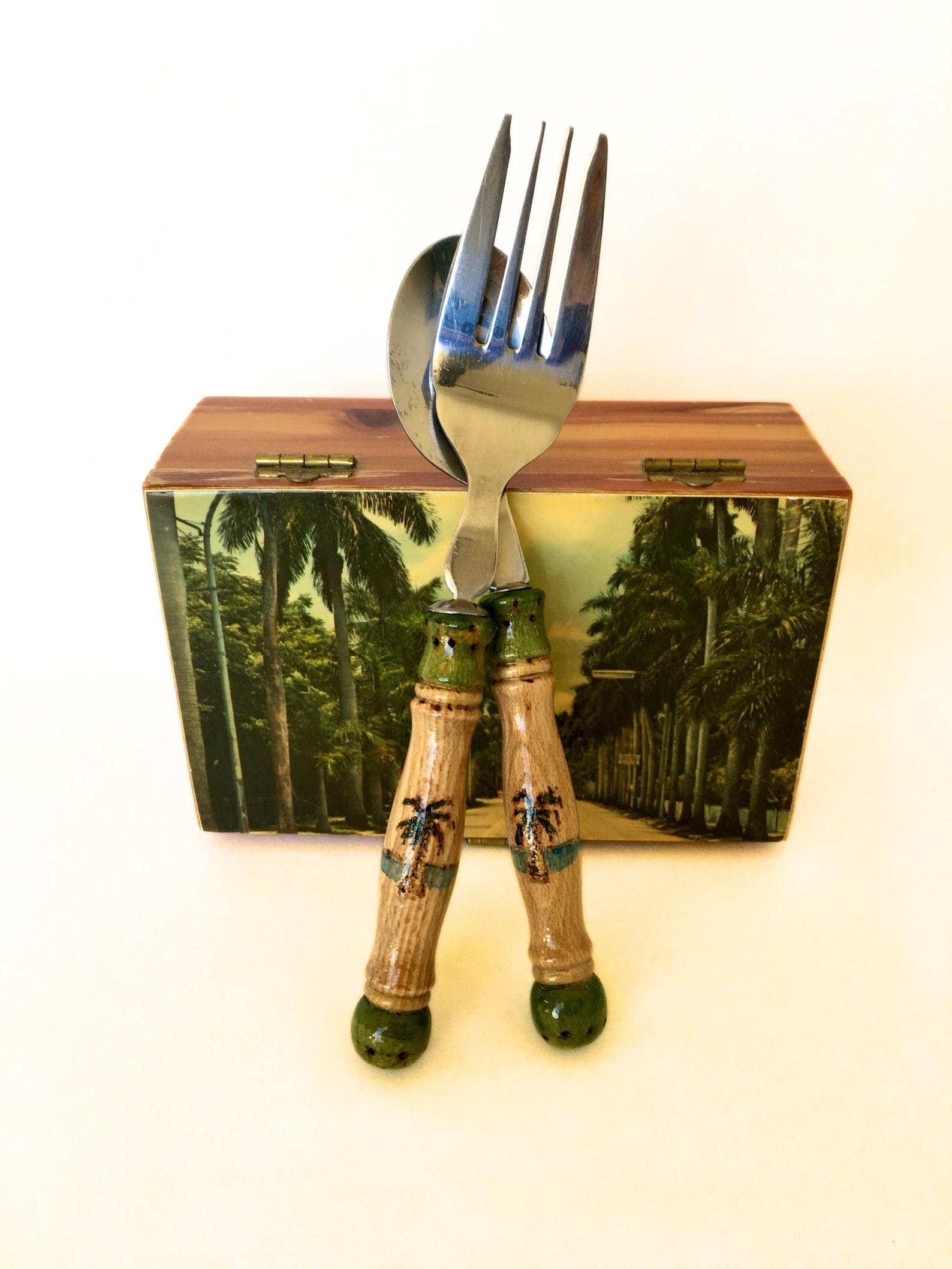 Miniature Palm Trees Unique Wood Green Flatware Set. Restored Upcycled ...