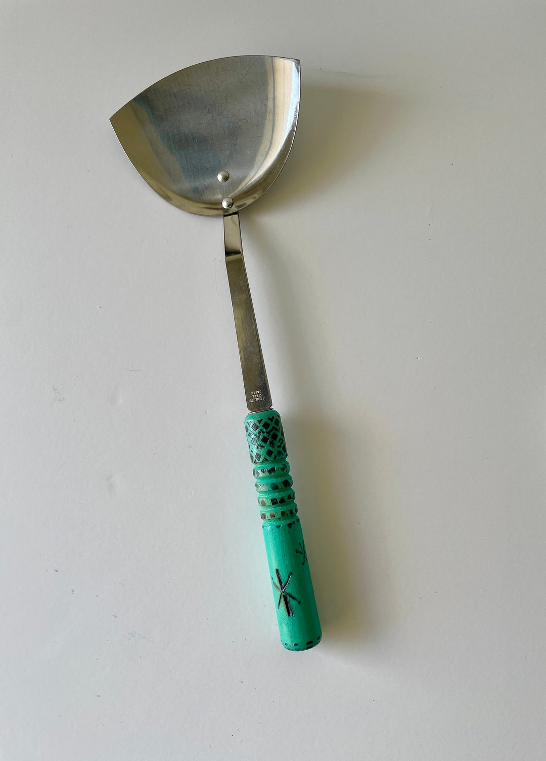 Up-cycled Retro Vintage Kitchen Spatula, 1940's Aqua Green Wood Burned ...