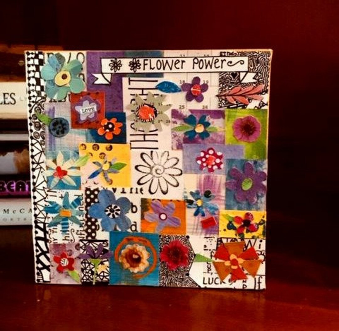 Flower Power. 6x6 Collage. Hand Painted Paper, Doodles, Photos in a ...