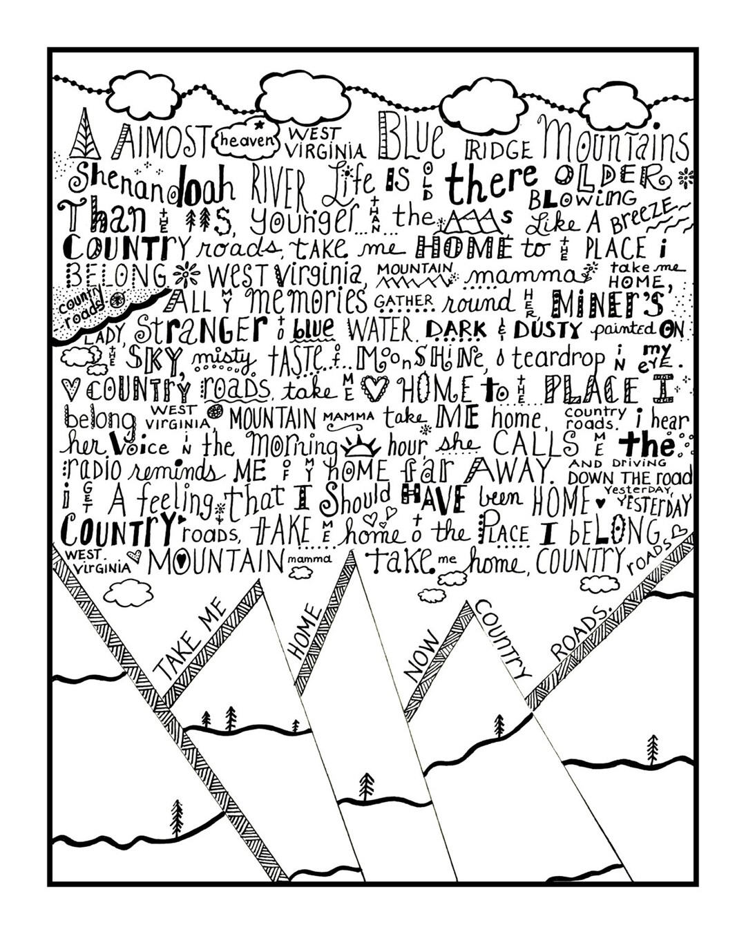 Black and White Hand Lettered Print. John Denver's Country Roads. 8x10 ...
