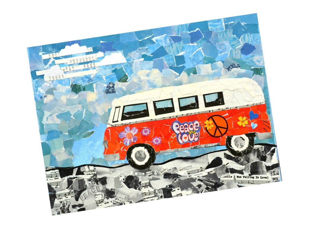 VW Love Bus Card. Print From Original Mixed Media Art. Made With Torn ...