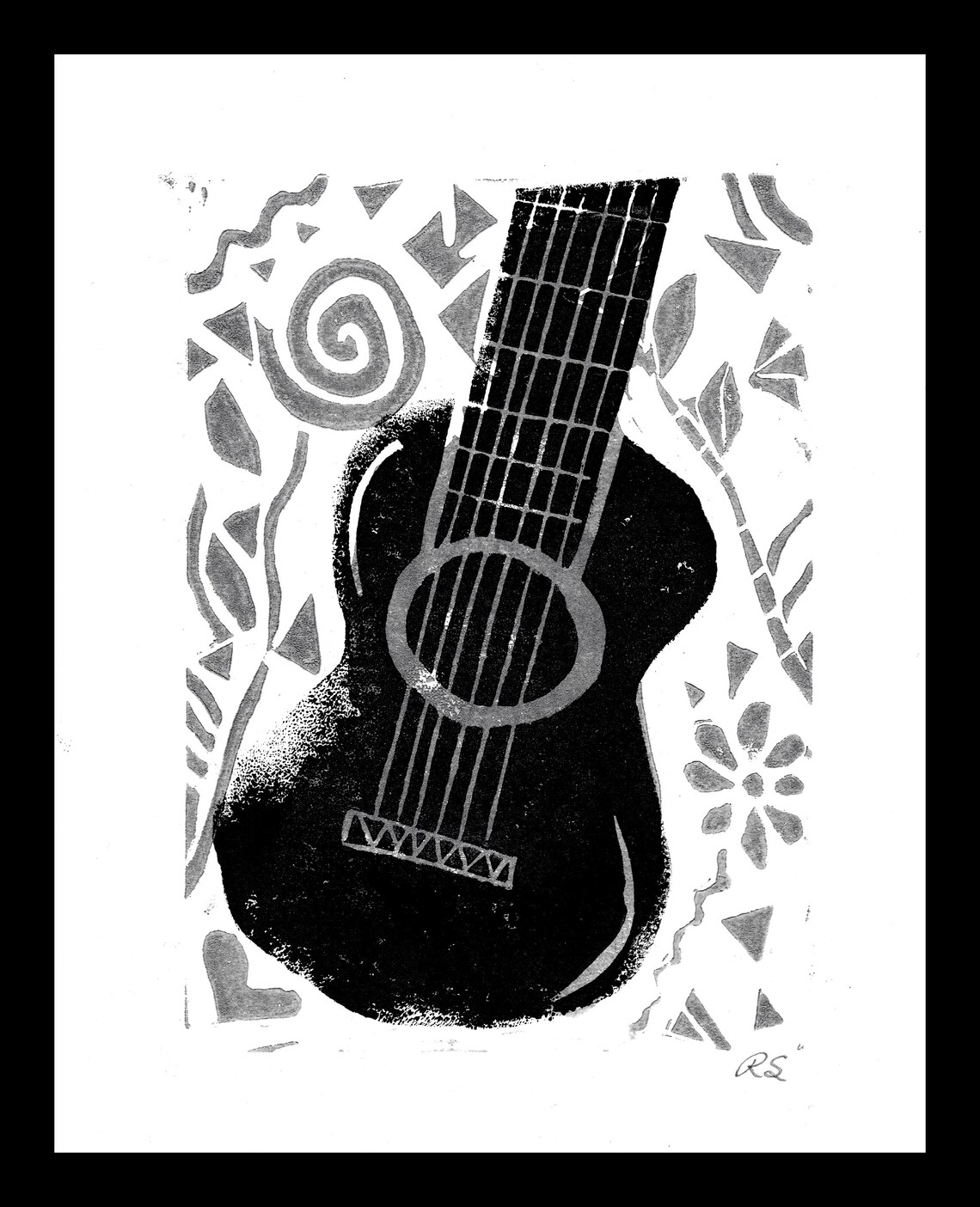 Linocut Guitar. Silver and Black Linocut. | Etsy