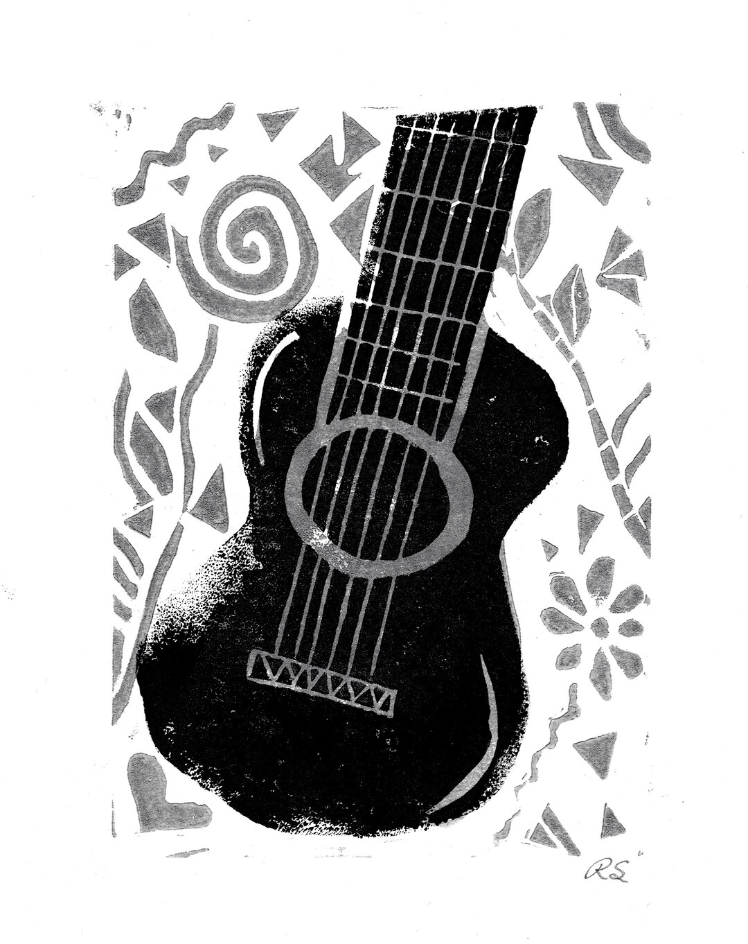 Linocut Guitar. Silver and Black Linocut. - Etsy