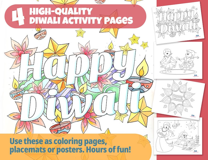 Diwali Coloring Activity Pages for Kids, Diwali Decor for South Asian ...