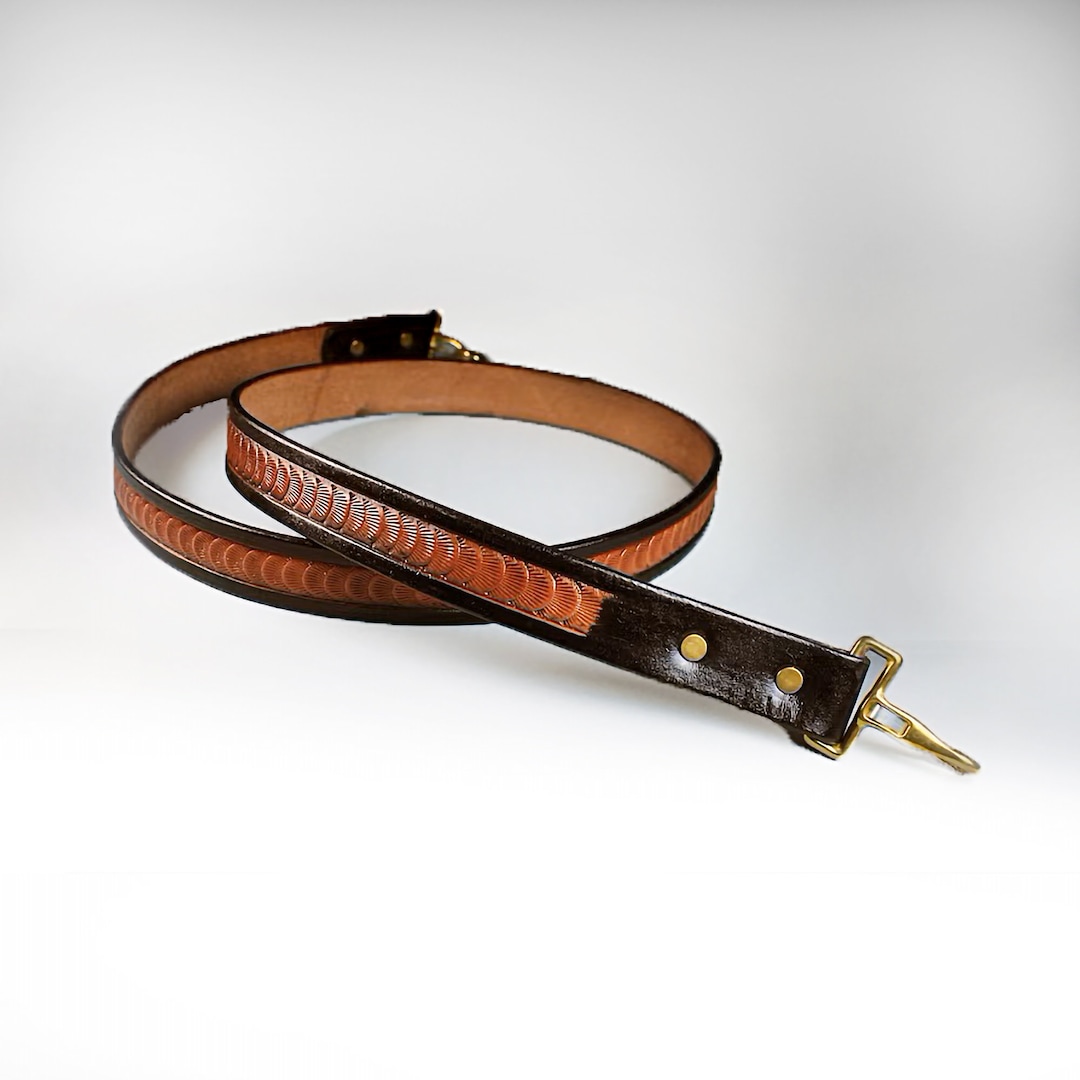 Handbag Strap, Hand Tooled Leather, Scallop Design, Two Tone, Black and ...