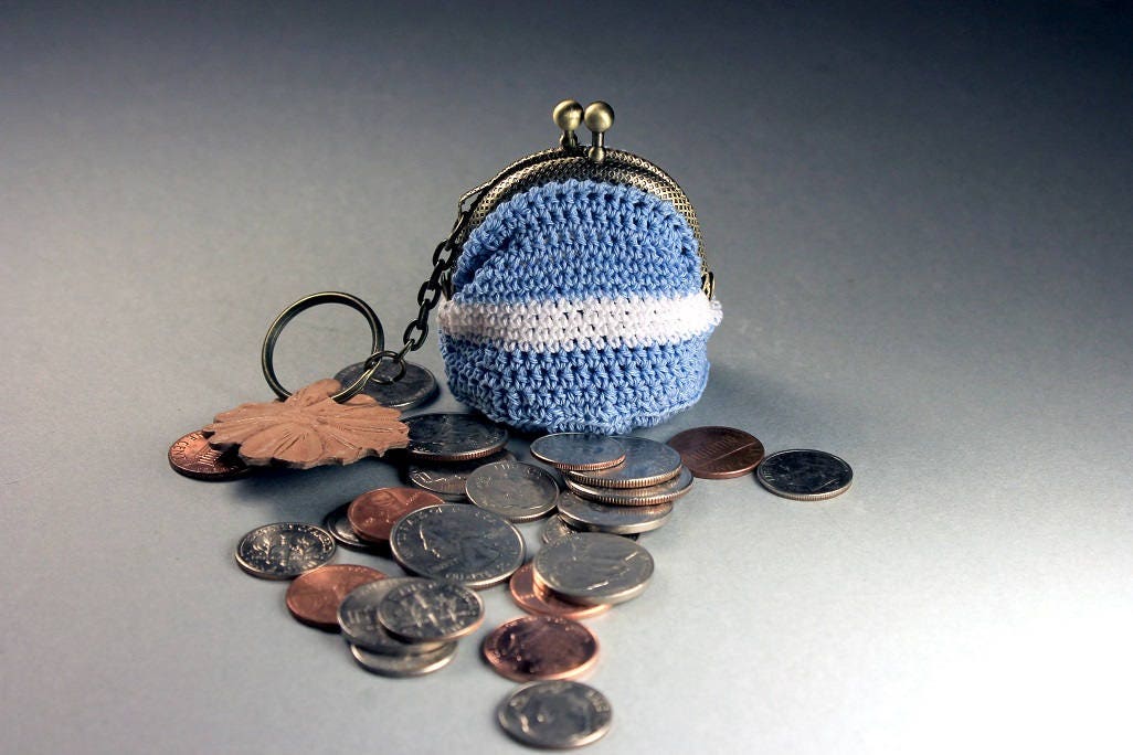 Crochet Mini Coin Purse, Blue and White Coin Purse, Hand Tooled Leather ...