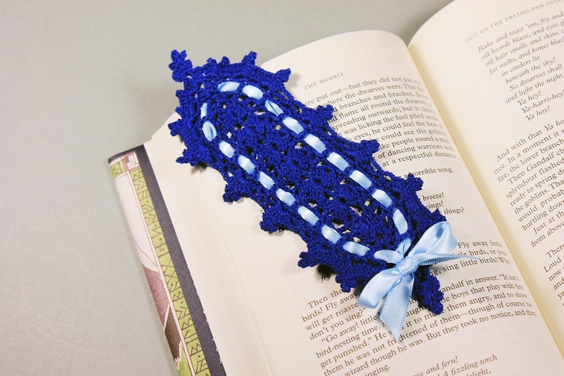 Crochet Lace Bookmark, Dark Blue With Light Blue Ribbon - Etsy