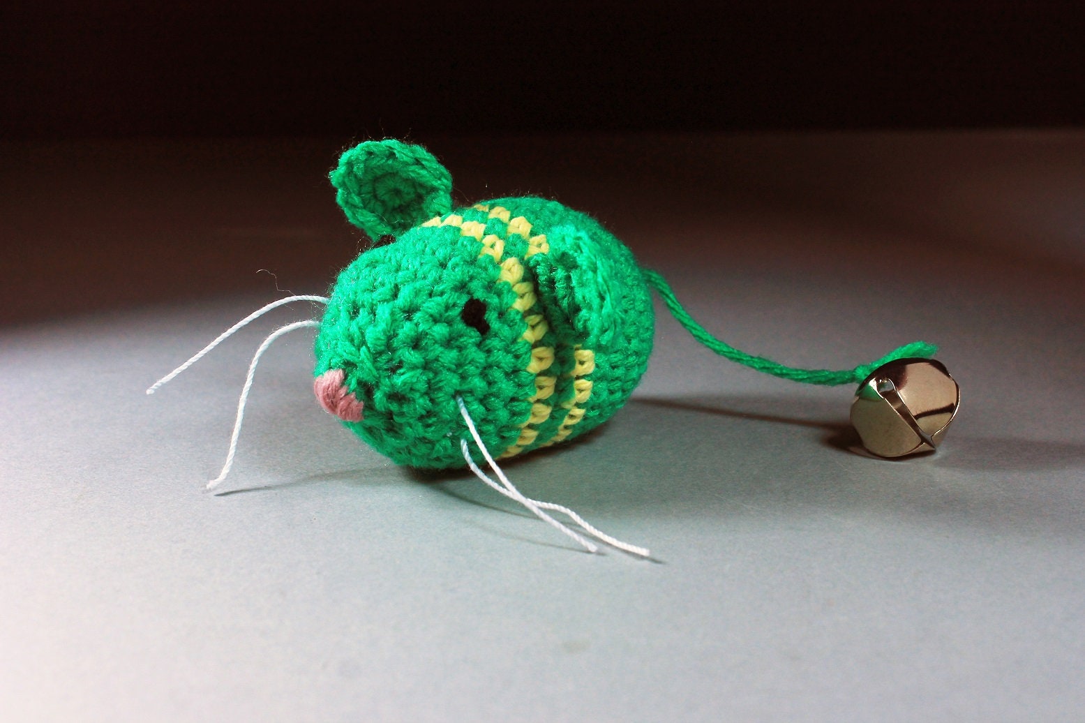 Catnip Toy Mouse, Mouse With Bell, Green with Yellow Stripes, Crocheted ...