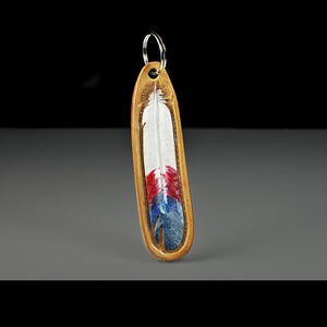 Patriotic Leather Feather Keychain - Hand Tooled Red, White, and Blue ...